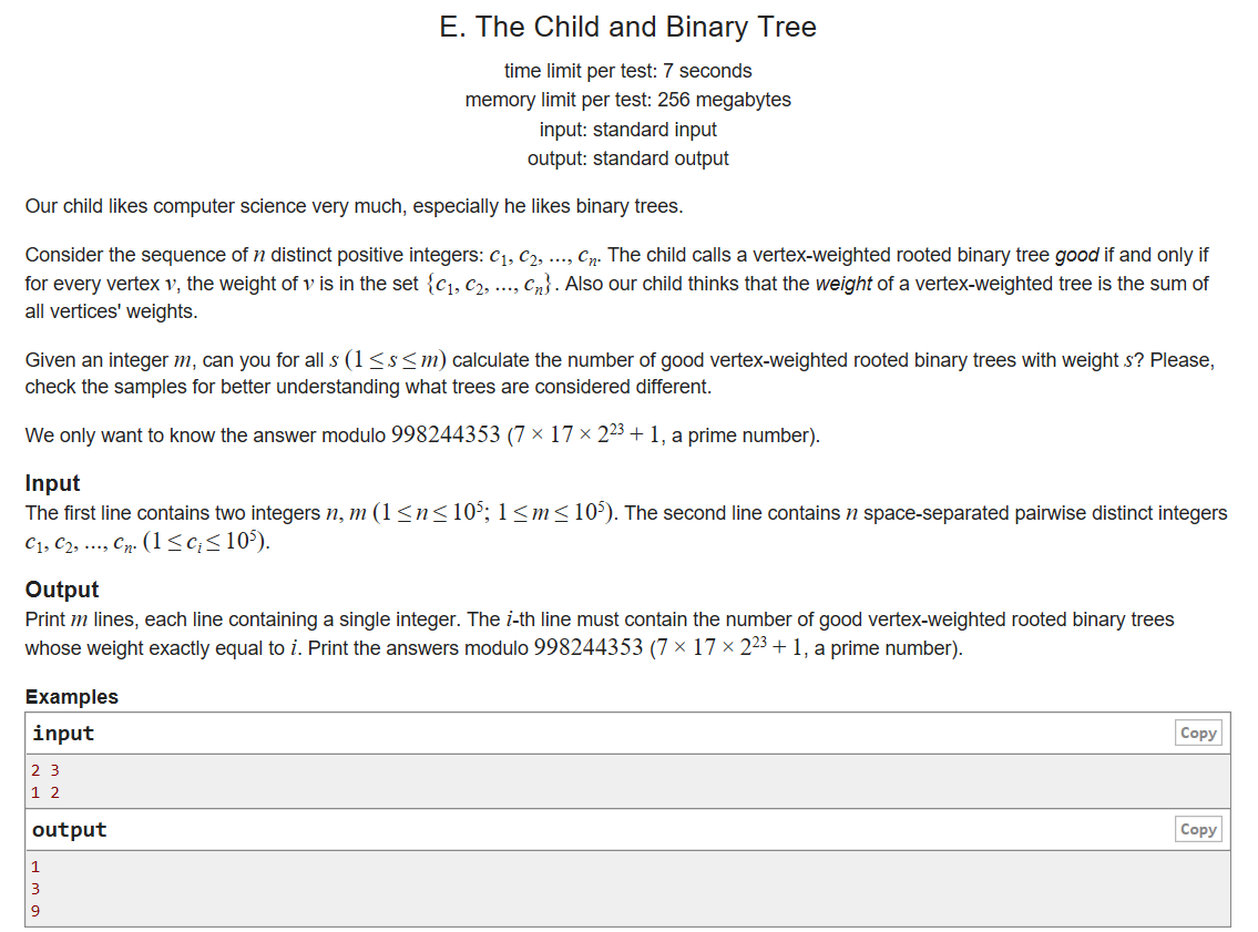 CodeForces 438E The Child and Binary Tree（DP + 生成函数 + 多项式模运算）_codeforces 438ethe child and ...