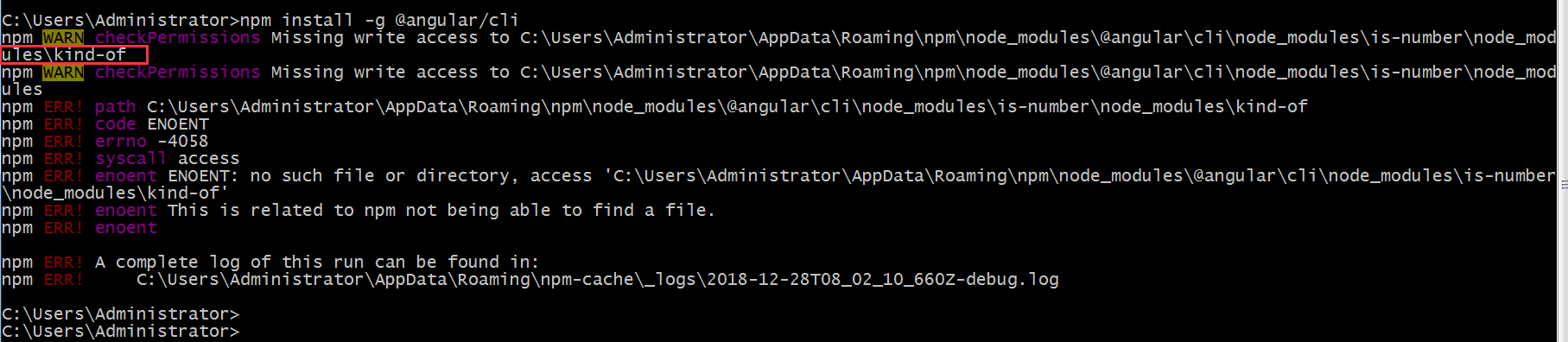 安装angular失败，npm install -g @angular/cli没有权限：checkPermissions Missing write access to-CSDN博客