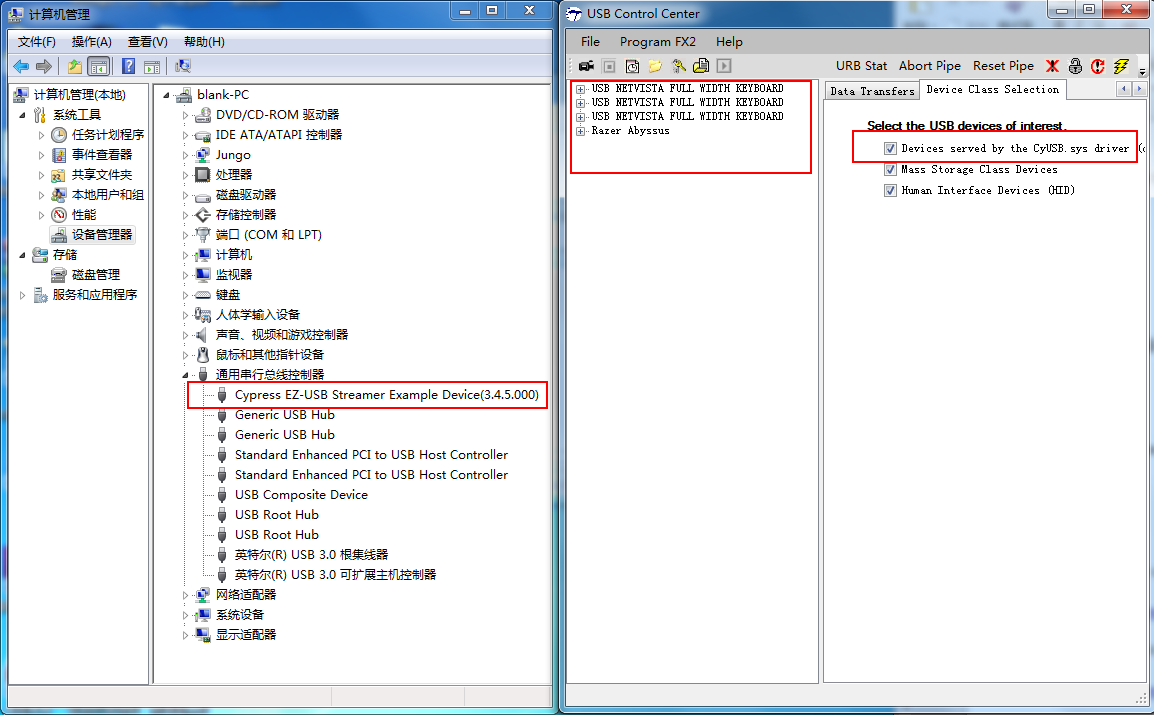 USB Control Center 找不到 "Cypress EZ-USB Streamer Example Device(3.4.5 ...