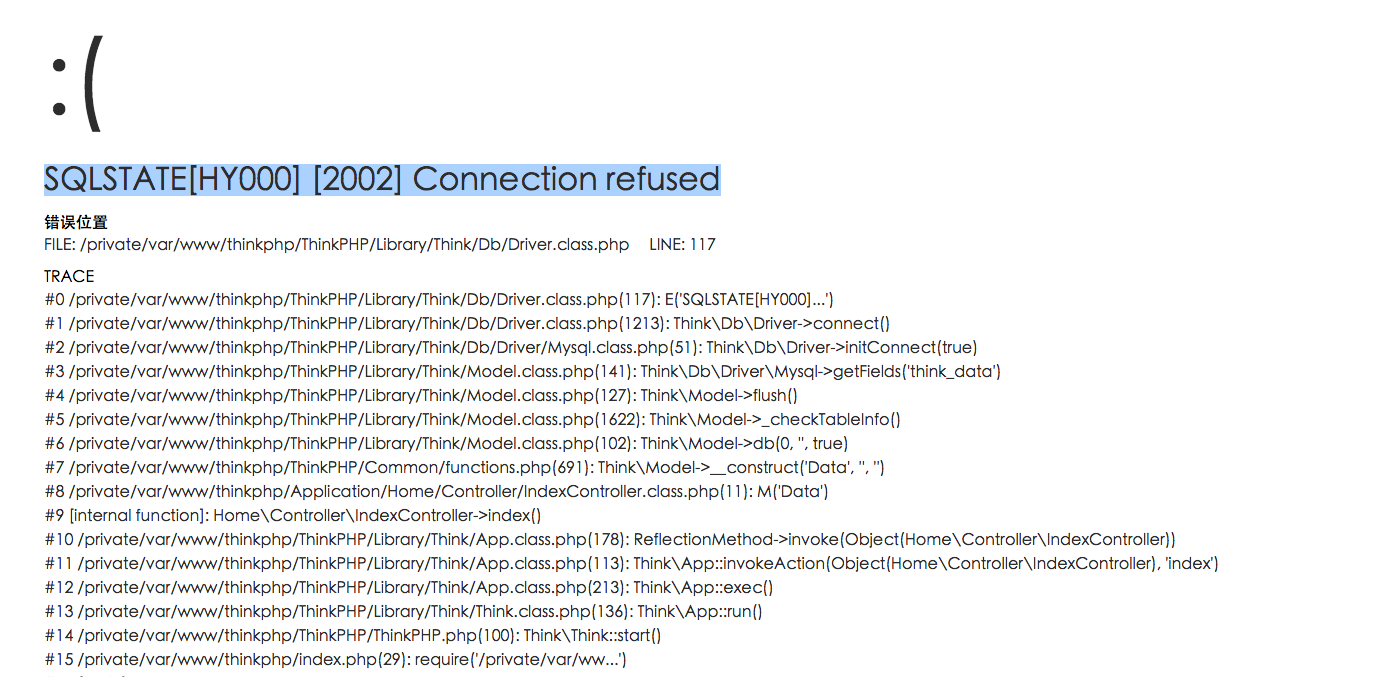 Thinkphp3.2.5 从数据库中读取数据报错：SQLSTATE[HY000] [2002] Connection refused_thinkphp sqlstate[hy000 ...