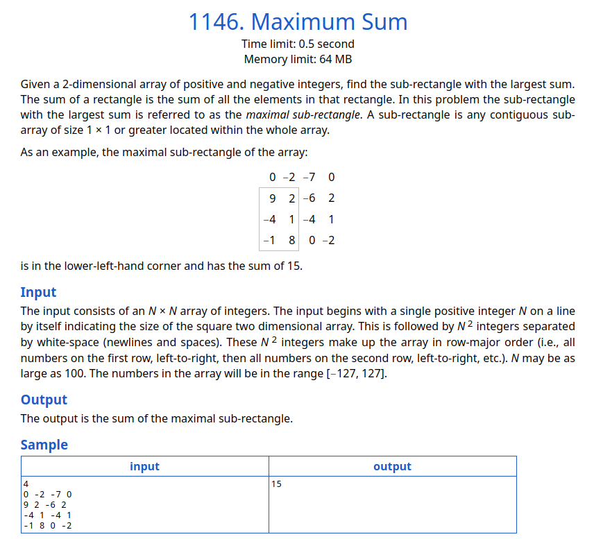 TimusOJ - 1146. Maximum Sum(子矩阵的最大累加和)_maximum sum 题解-CSDN博客
