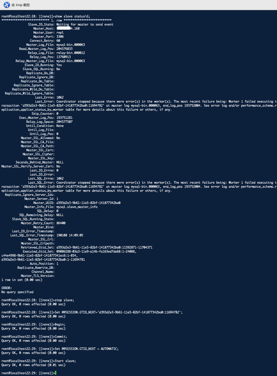 Mysql主从同步报错，提示lasterror Coordinator Stopped Because There Were Error 