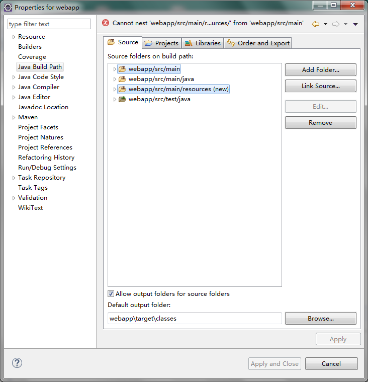 Cannot nest 'webapp/src/main/resources/' inside 'webapp/src/main' To enable the nesting exclude ...
