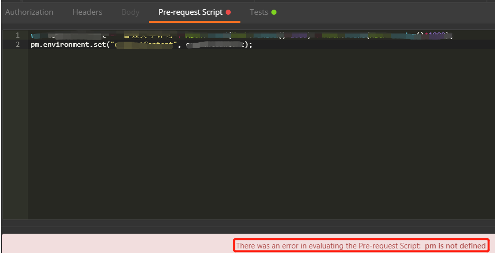 There was an error in evaluating the Pre-request Script: Error: Unexpected token at 1:1 html ...