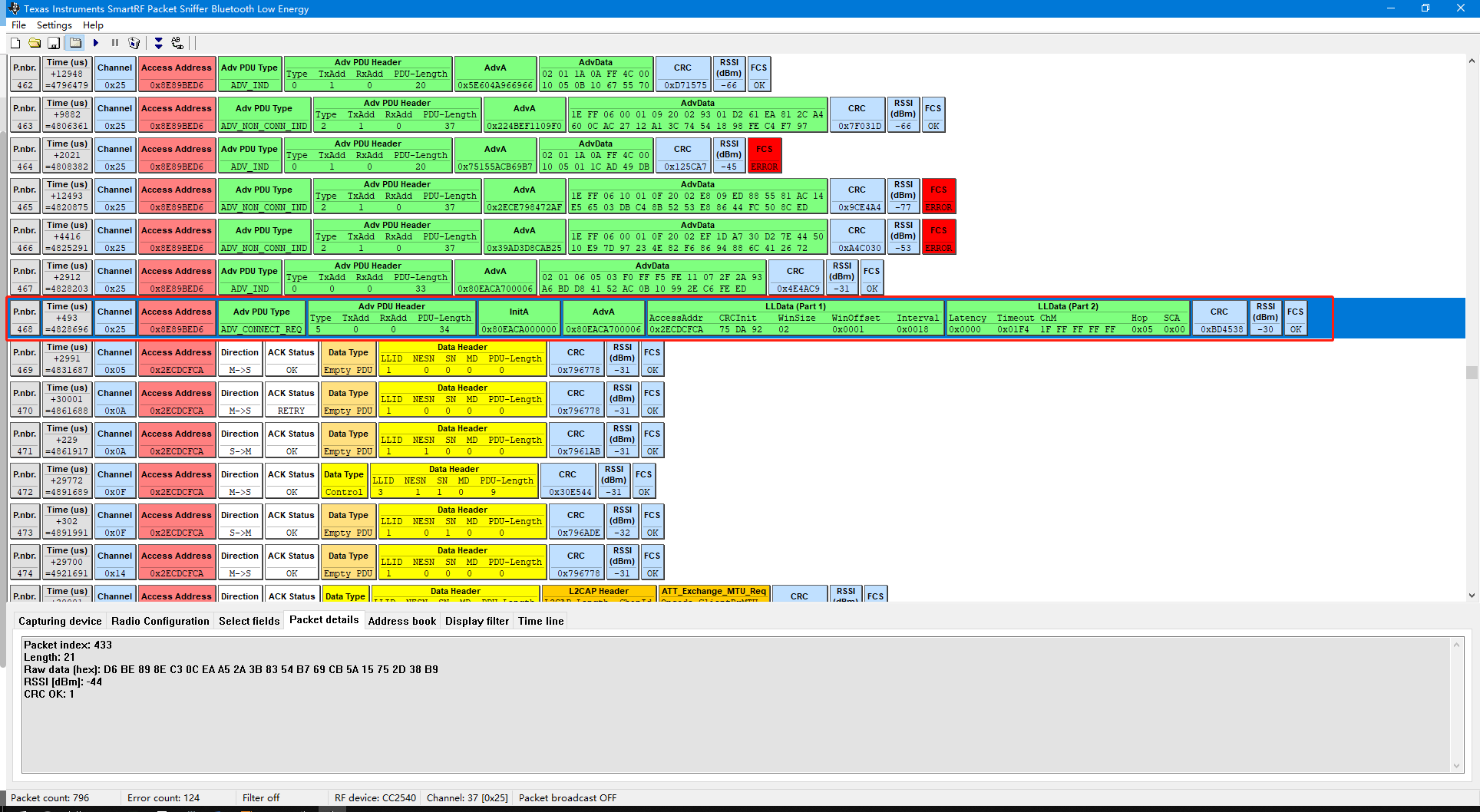 使用TI cc2540 usb dongle smartRF packet sniffer 对广播包和扫描包的分析_smartrf ...