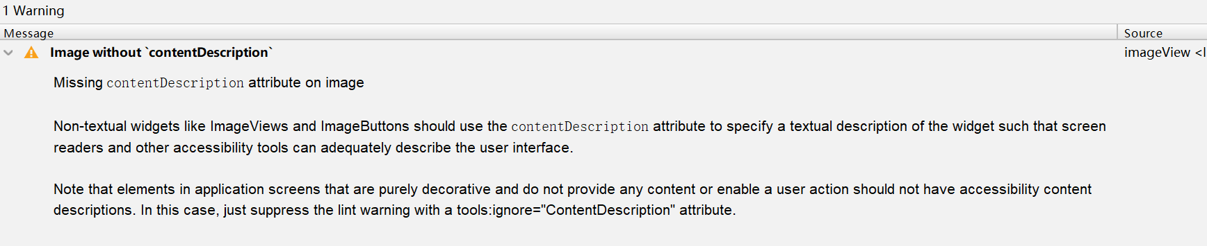 关于警告 Accessibility Missing Contentdescription Attribute On Image的解决方法 