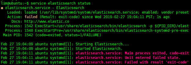 Process: 1542 ExecStart=/usr/share/elasticsearch/bin/elasticsearch -p ${PID_DIR}/elast Process ...