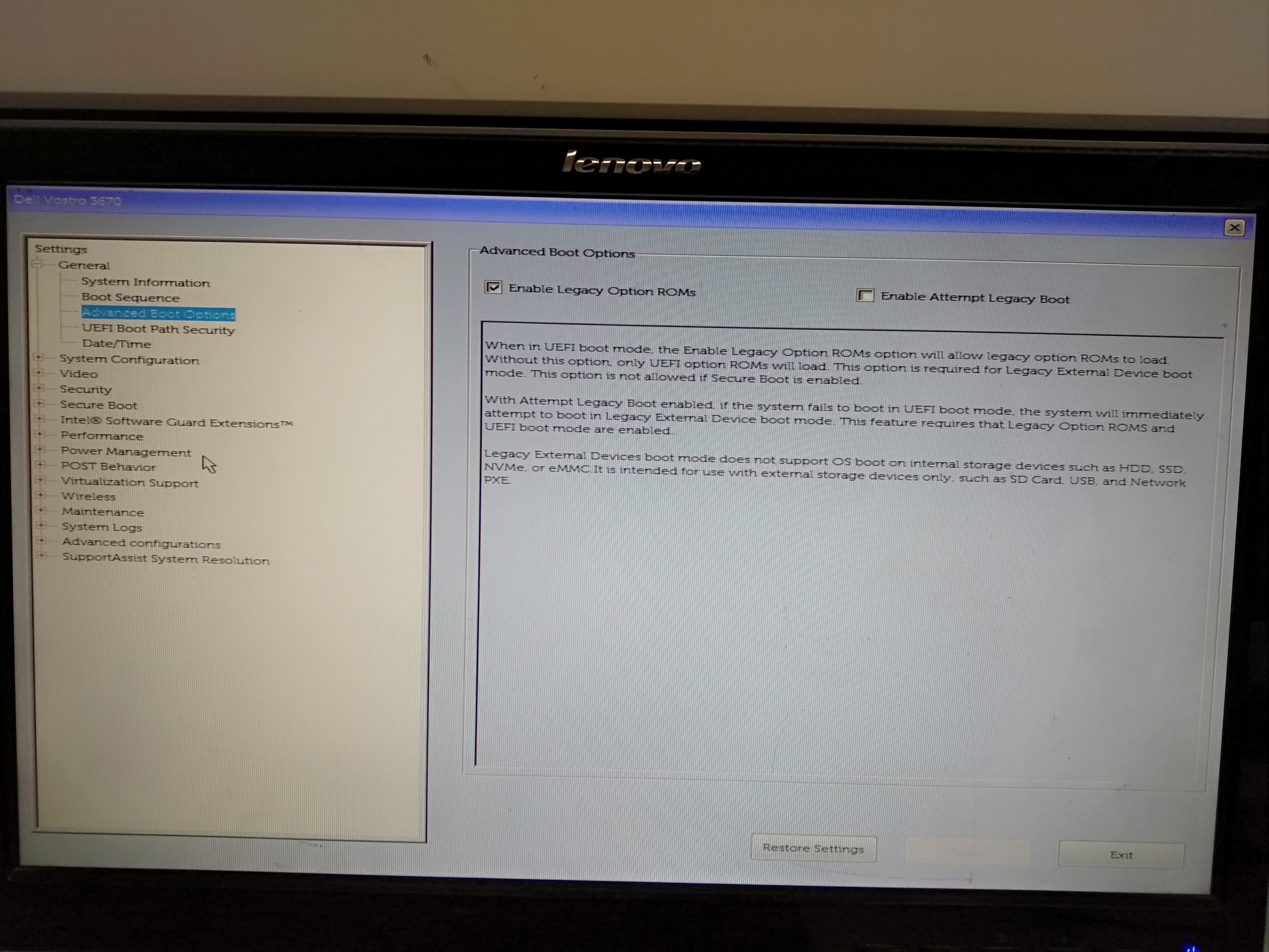 关于戴尔 Vostro 3670重装系统的问题_legacy option rom cannot be enabled-CSDN博客