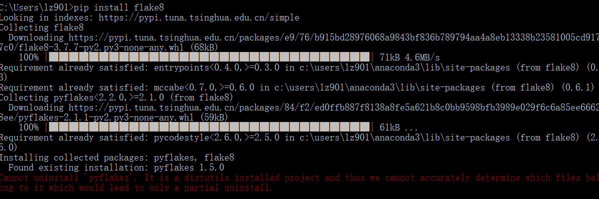 Cannot uninstall 'pyflakes'. It is a distutils installed project and thus we cannot accurately ...