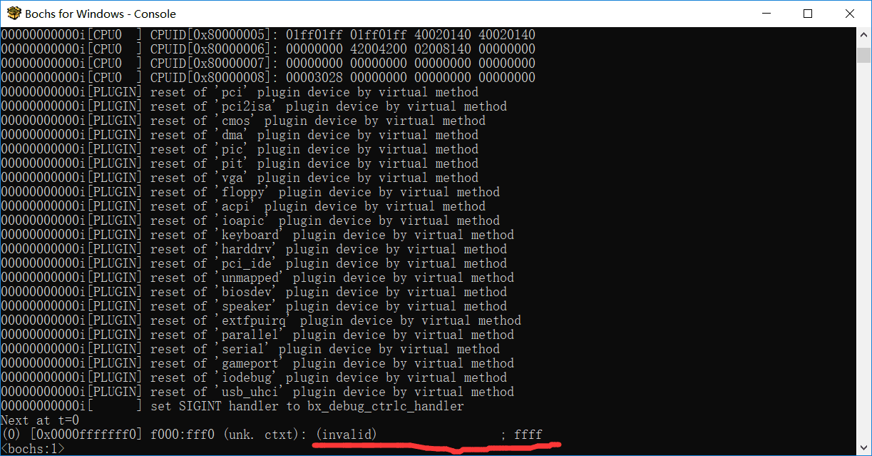 bochsdbg:[0x000fffffff0] f000:fff0 (unk. ctxt): (invalid) :ffff_bochs报错 ...