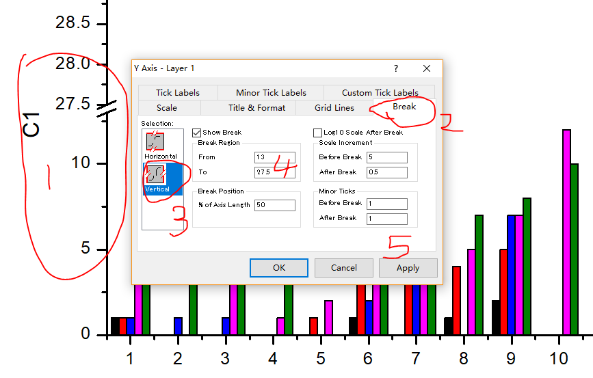 Origin打断图像的y坐标和在柱状图上显示数字_origin2018柱状图坐标轴打断显示标签也被打断-CSDN博客