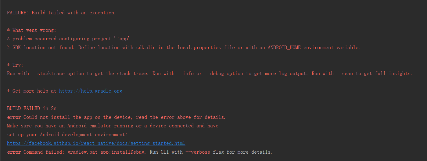 React Native 新建项目运行出错 sdk.dir in the local.properties file or with an ANDROID_HOME environment ...