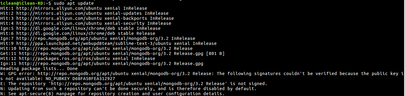 GPG error: http://repo.mongodb.org/apt/ubuntu xenial/mongodb-org/3.2 Release_因失败而中止(error ...