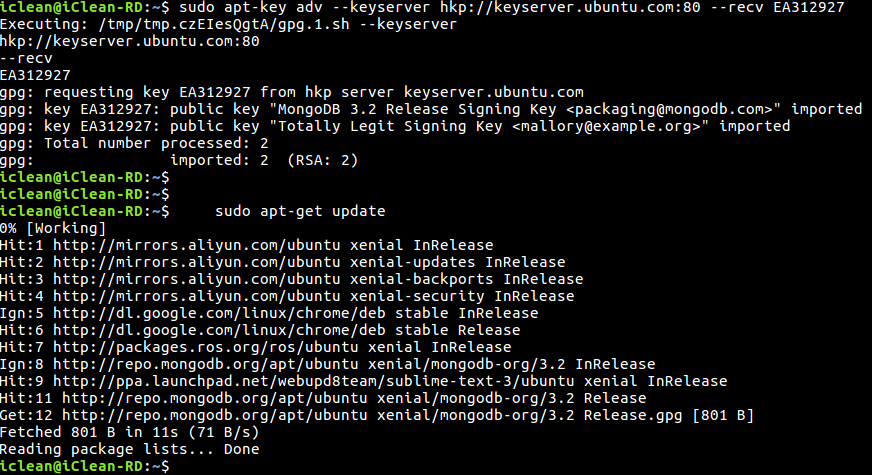 GPG error: http://repo.mongodb.org/apt/ubuntu xenial/mongodb-org/3.2 Release_因失败而中止(error ...