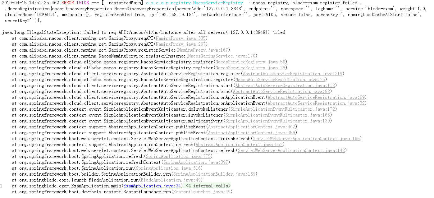 Nacos报错:NacosException: failed to req API:/nacos/v1/ns/instance after all servers([localhost ...
