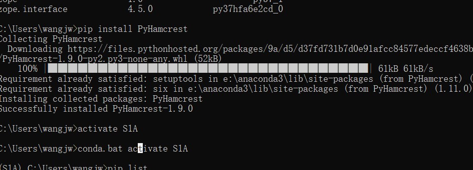 使用conda创建虚拟环境后安装包的过程中出现twisted 18.7.0 requires PyHamcrest>=1.9.0, which ...