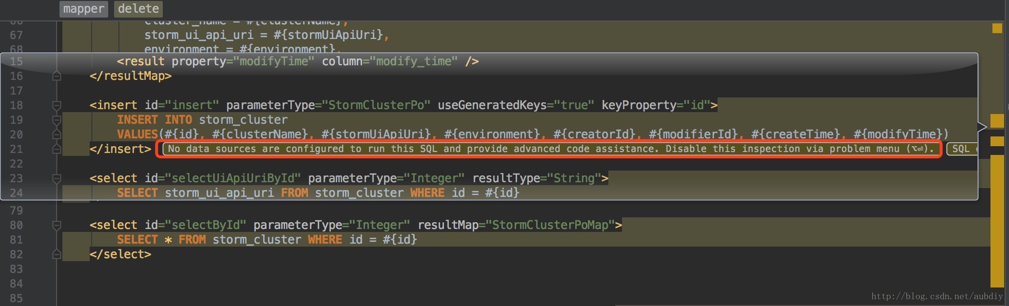 idea 去除mapper.xml中的黄线警告_idea去除 mybatus xml黄色波浪线-CSDN博客