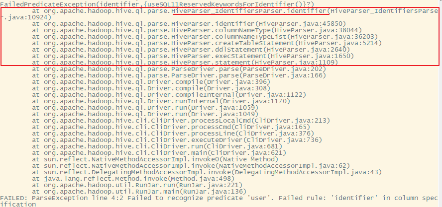 Hive创建表：FailedPredicateException(identifier ...