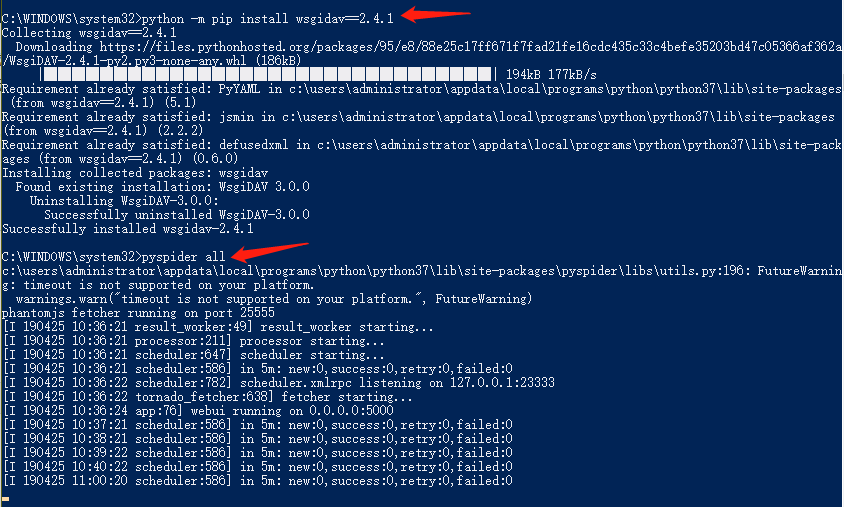 pyspider all运行出错：①SyntaxError: invalid syntax，② - Deprecated option 'domaincontroller': use ...