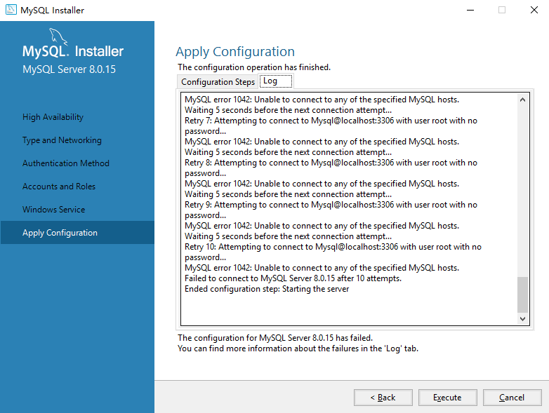 conds before the next connection attempt Retry 5: Attempting to connect to Mysql@localhost:3306 ...