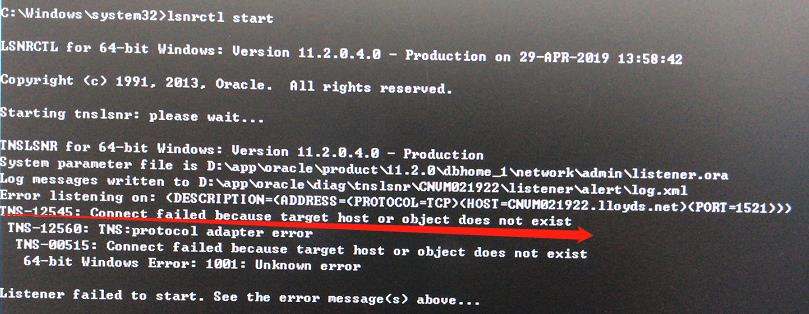 ORACLE FOR WINDOWS TNS-12545:Connect failed because target host or object does not exist监听无法启动 ...