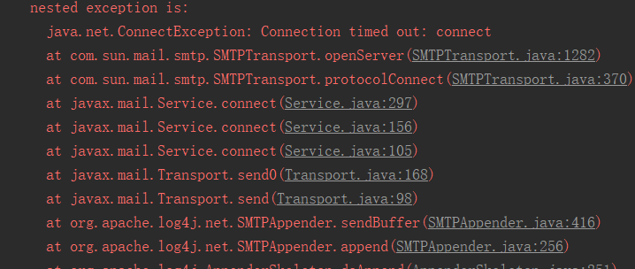 日志邮件（JCL+log4j）：javax.mail.MessagingException: Could not connect to SMTP host: qq.com, port: 25 ...