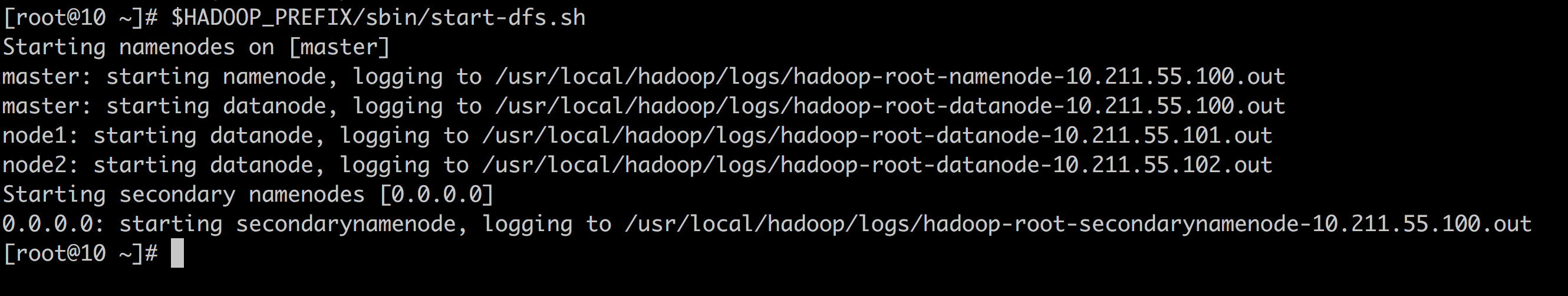 $HADOOP_PREFIX/sbin/start-dfs.sh 启动失败，卡在node2: starting datanode, logging to ……_start-dfs.sh 卡住 ...