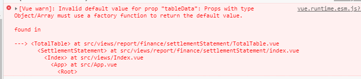 Invalid default value for prop "tableData": Props with type Object ...