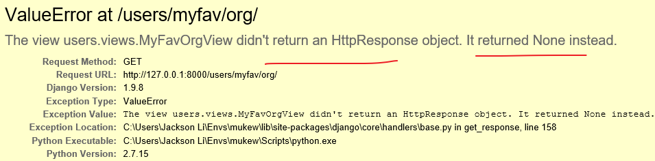ValueError: The view XXXView didn't return an HttpResponse object. It returned None_time of user ...
