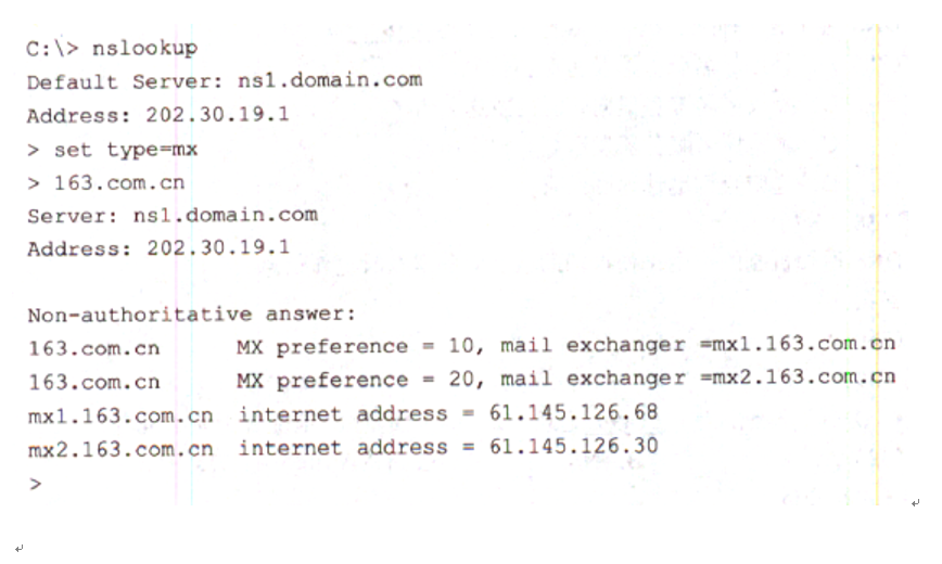 在windows命令行窗口中进入nslookup交互工作方式，然后键入set type=mx,这样的设置可以（35）。【答案】B-CSDN博客