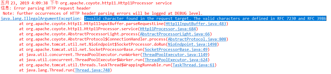 Invalid character found in the request target. The valid characters are defined in RFC 7230 and ...