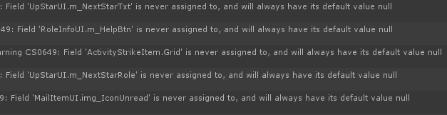 unity warning CS0649: Field is never assigned to, and will always have its default value `null ...
