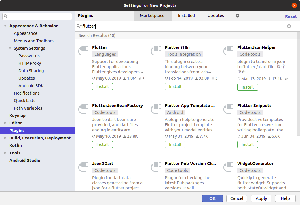 Ubuntu19搭建Flutter开发环境：3、为Android Studio安装Flutter和Dart插件_ubuntu flutter ...