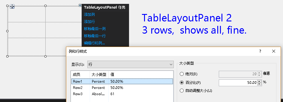 winform TableLayoutPanel 显示异常，有多行，只显示了一行_tablelayoutpanel添加的行列不显示-CSDN博客