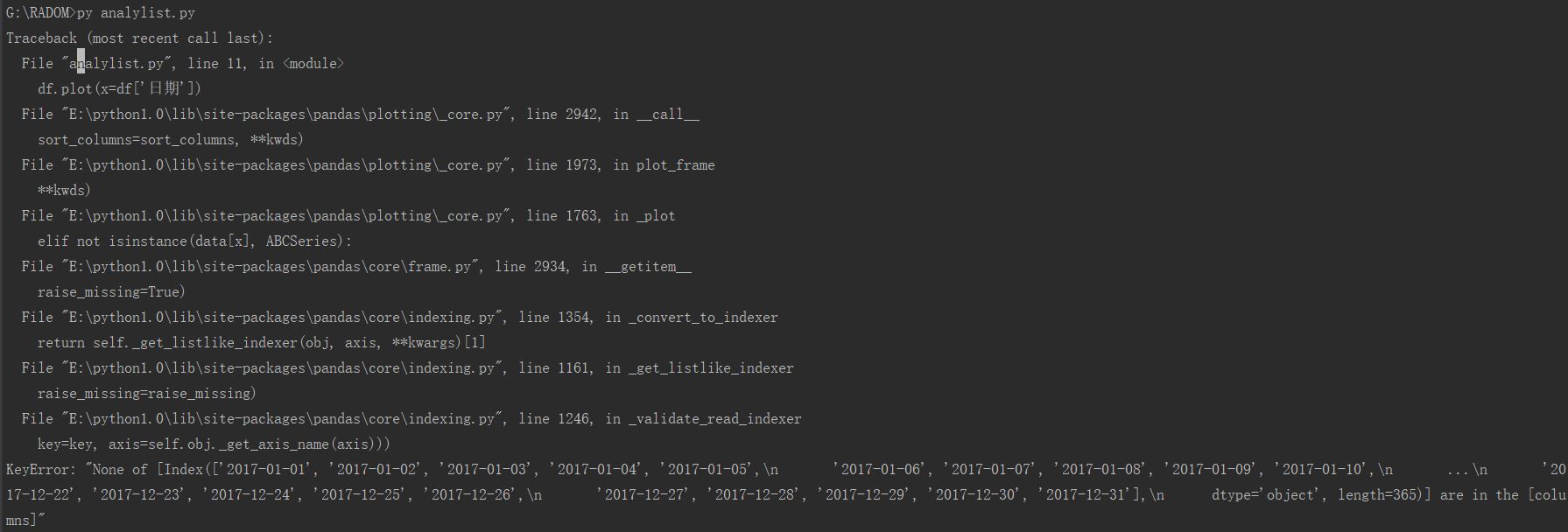 求助！KeyError:"None of [Index(['2017-01-01， ...\n dtype='object', length=365)] are in the [columns ...