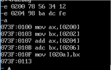 实验一 DEBUG的使用（合工大汇编实验）_利用debug程序中的“e”命令,将两个多字节数“12345678h”和“fedcba98h”分别 ...