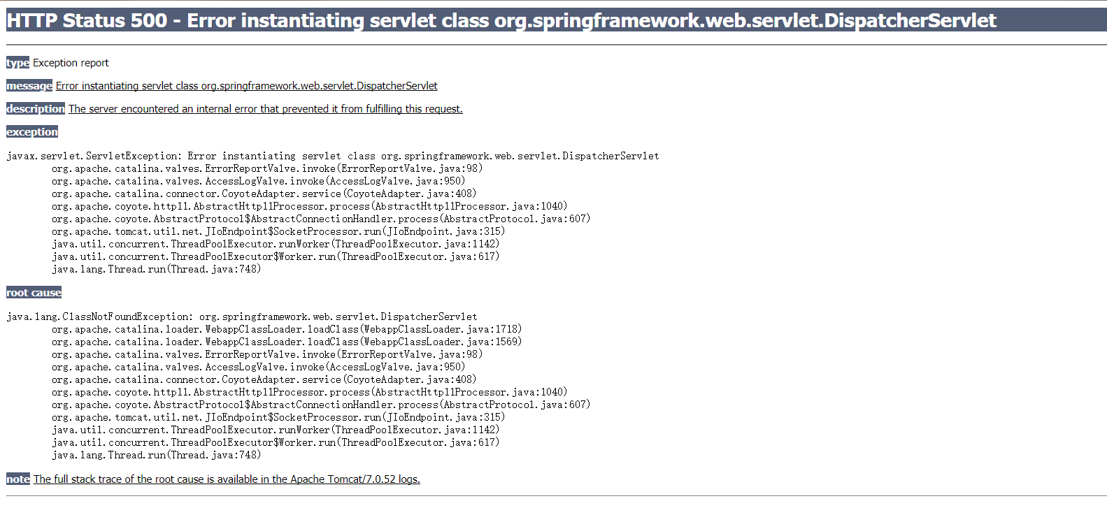  HTTP Status 500 Error Instantiating Servlet Class Org springframework 