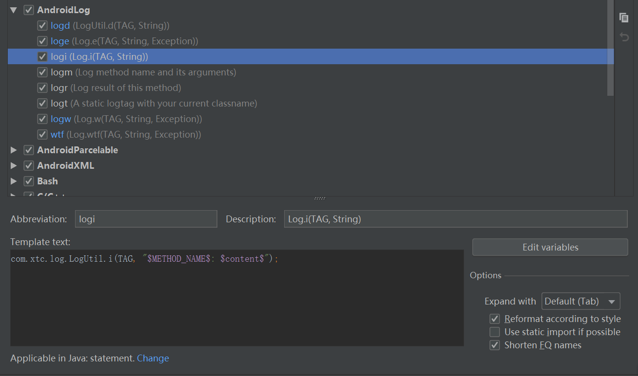 【我的Android进阶之旅】 Android Studio 使用小技巧：使用logt 这个live template（代码模板）快速生成日志TAG_androidstudio添加log ...
