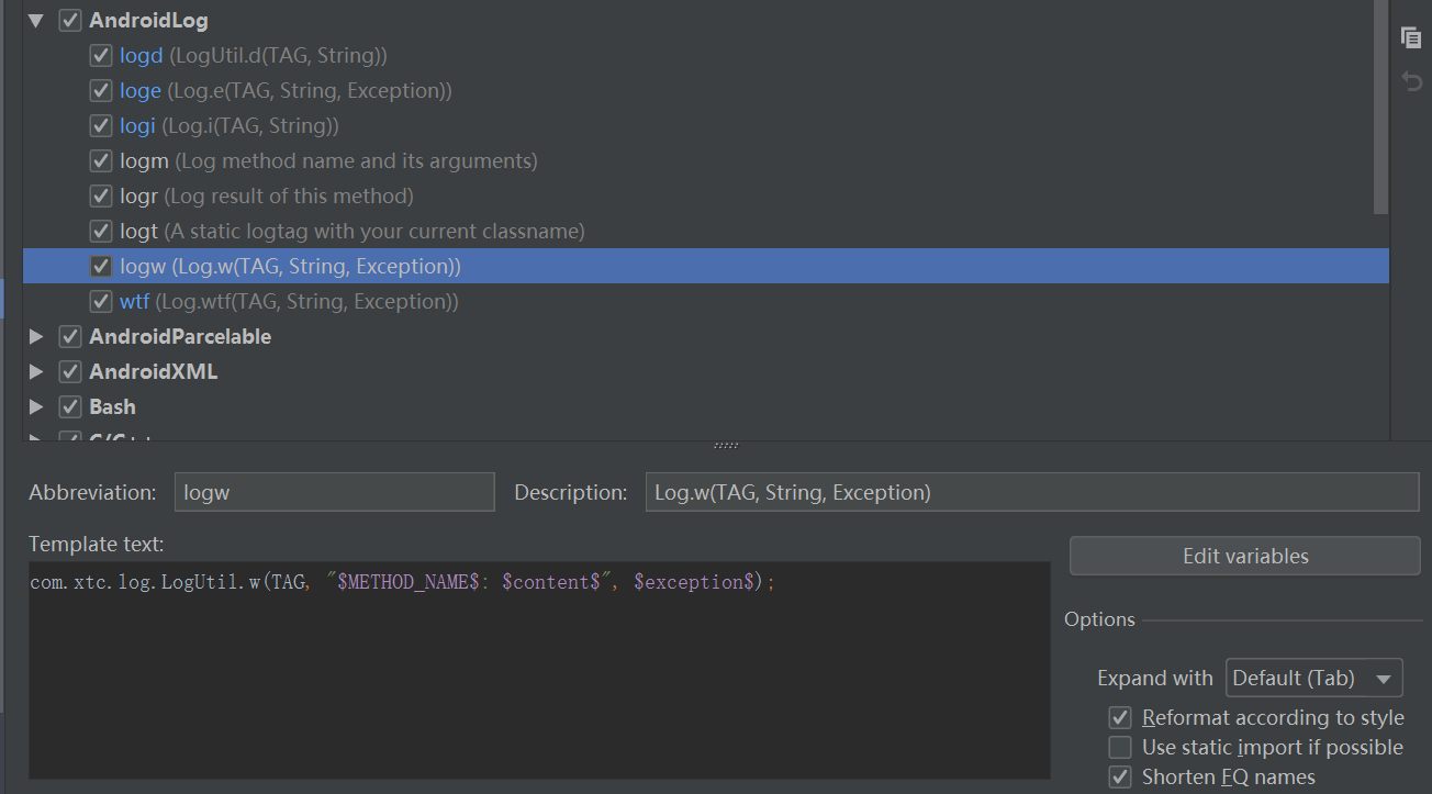 【我的Android进阶之旅】 Android Studio 使用小技巧：使用logt 这个live template（代码模板）快速生成日志TAG_androidstudio添加log ...