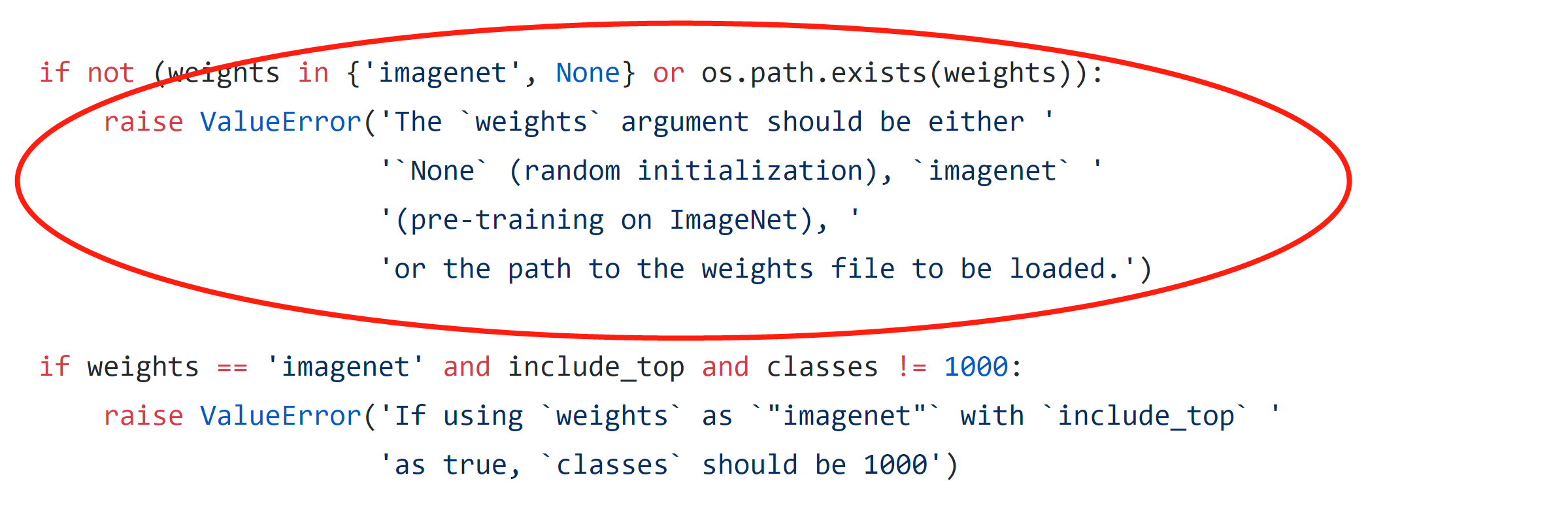 The `weights` argument should be either random initialization or pre-training on ImageNet ...