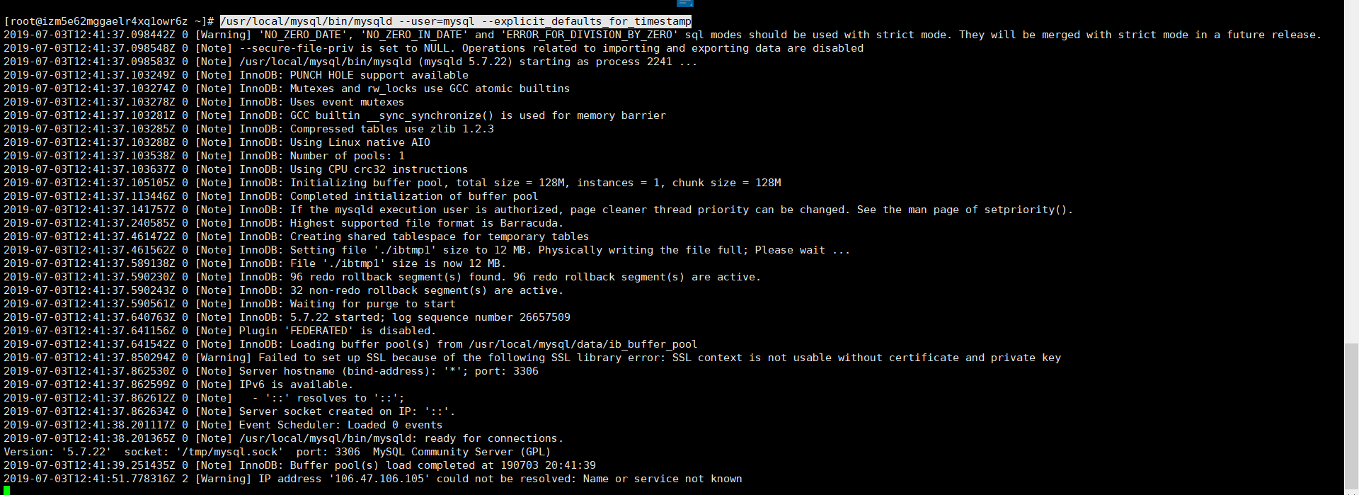 linux启动mysql报错：Please read "Security" section of the manual to find out how to run mysqld as ...