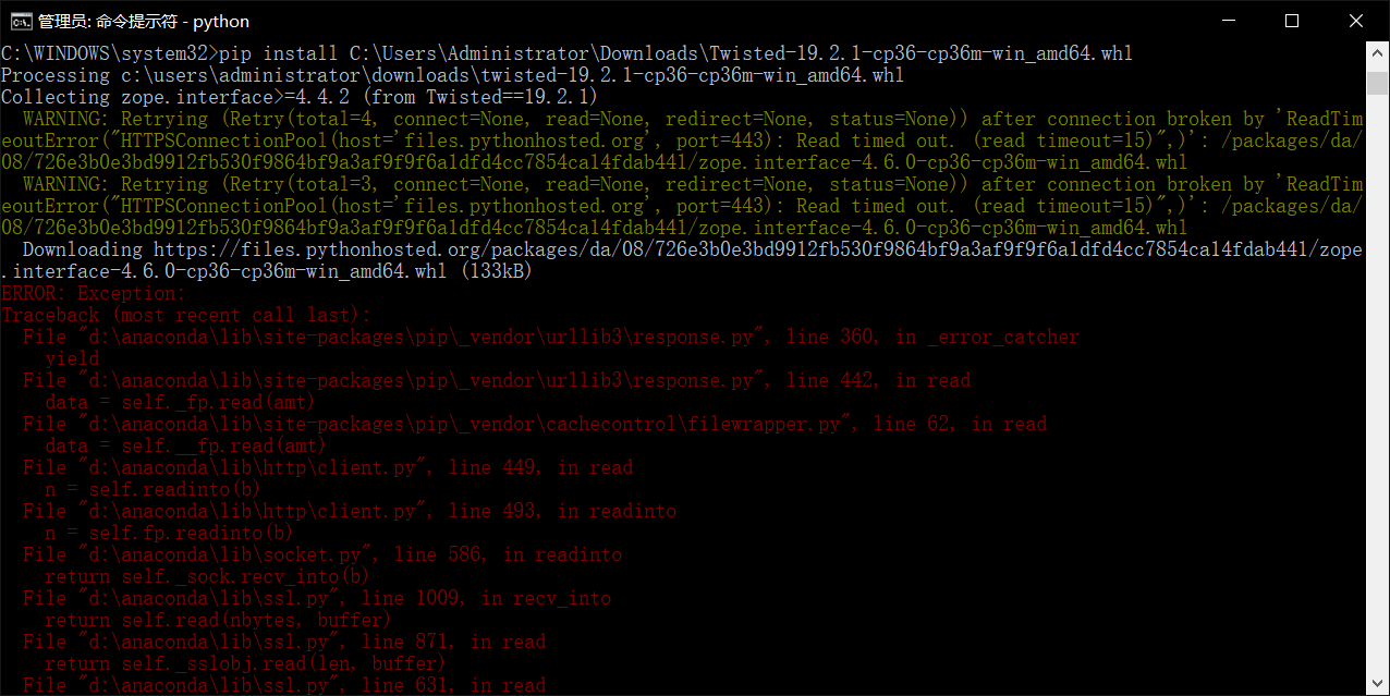 Python安装包出现warning Retrying Retry Total 4 Connect None Read None Redirect None Status None