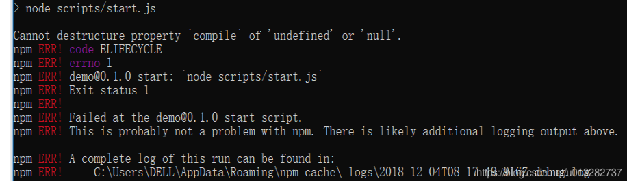 react项目启动报错：error code ELIFECYCLE/error errno 1/error demo@0.1.0 start: `node scripts/start.js ...