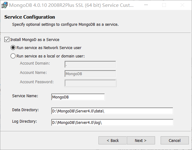 MongoDB安装及设置服务启动_run service as network service user-CSDN博客