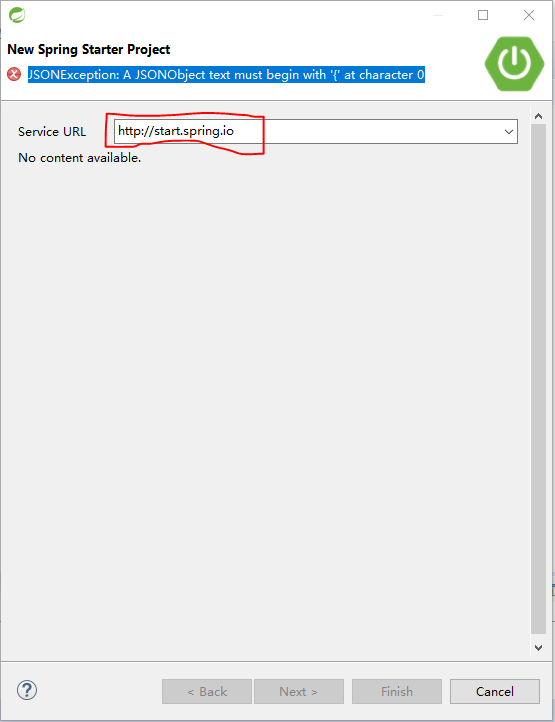 STS创建SpringBoot项目时报错：JSONException: A JSONObject text must begin with '{' at character 0 ...