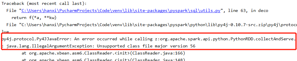 PySpark报错pyspark.sql.utils.IllegalArgumentException: 'Unsupported class file major version 56 ...