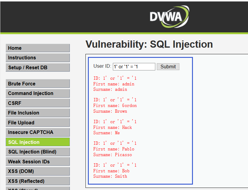 Kali渗透测试之DVWA系列（三）——SQL Injection（SQL注入）_在kali中dvwa的安全级别设置为low,然后完成“sql injection”中的注入-CSDN博客