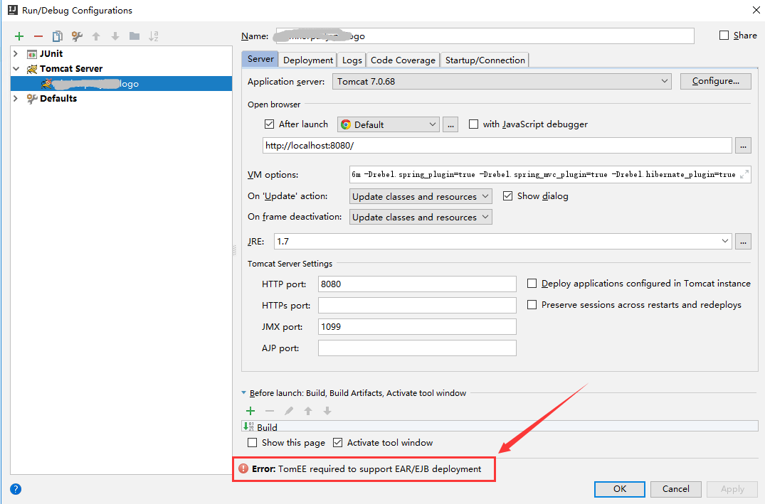 解决 IntelliJ IDEA中启动tomcat时，报TomEE required to support EAR/EJB ...