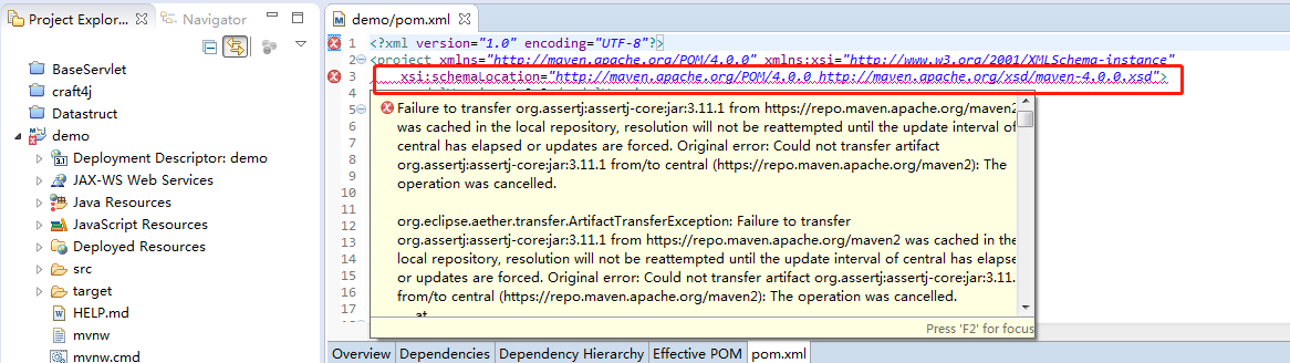 导入Maven项目时，pom.xml出现Failure to transfer org.assertj:assertj-core.jar.3.11.1 from https://repo ...